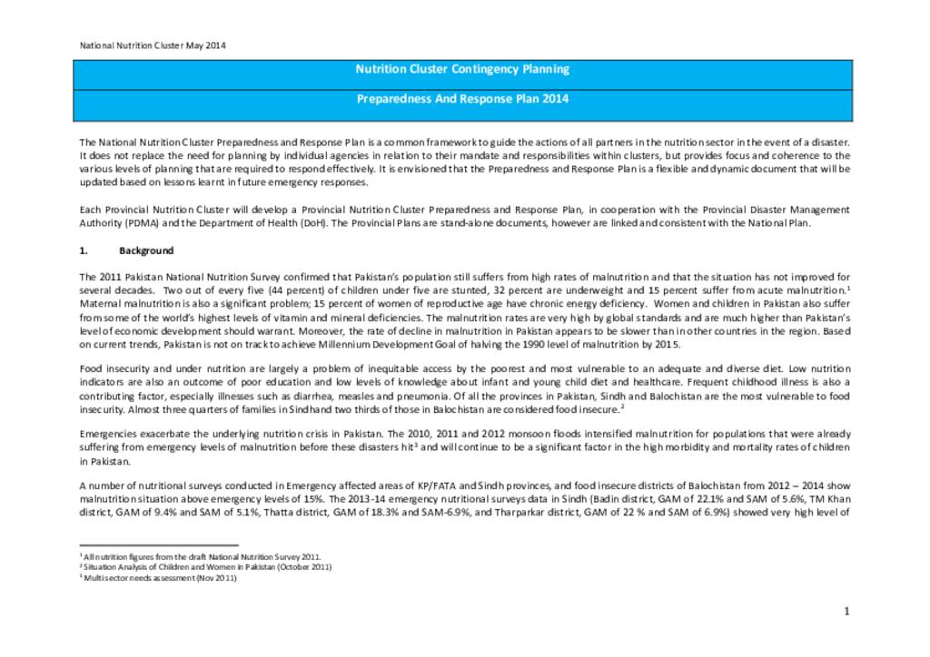 Nutrition Cluster Contingency Planning Preparedness And Response Plan ...